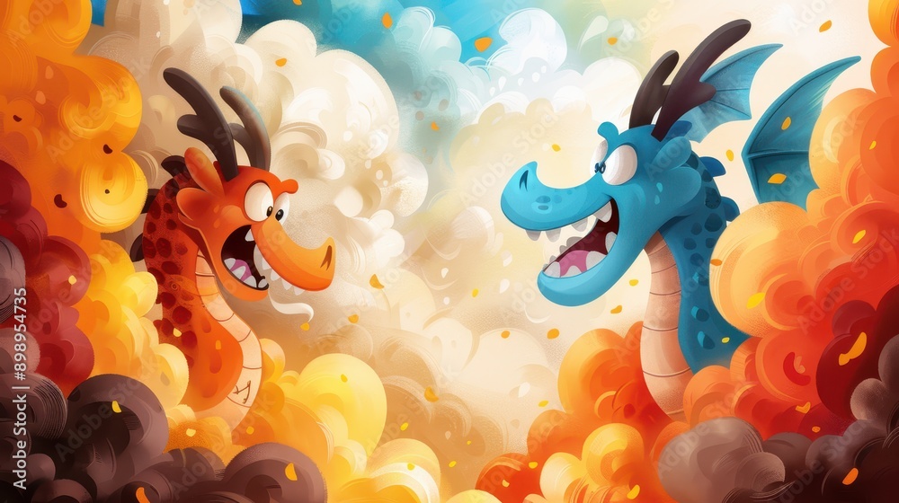 Two cartoon-like dragons face off in a vibrant and whimsical scene ...