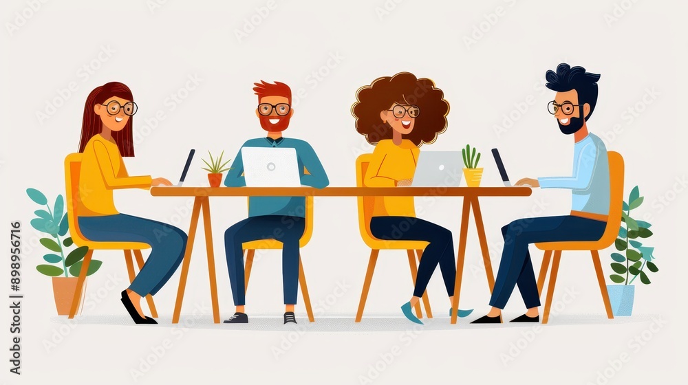 Cheerful digital illustration of a four-person team working ...