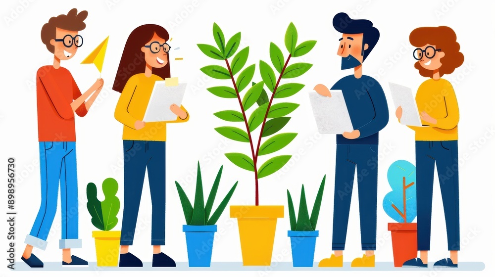 Cartoonish digital illustration of a group of people animatedly ...