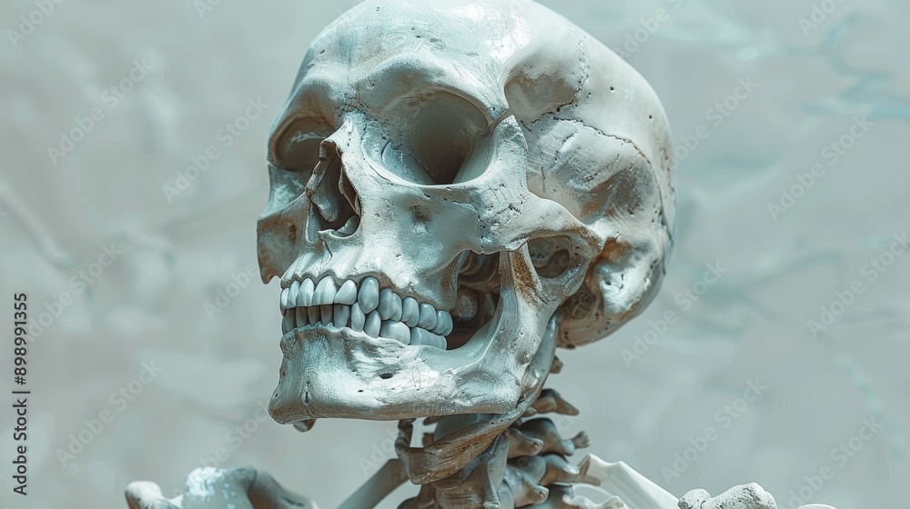 Spooky human skull with bared teeth against a plain background, evoking ...