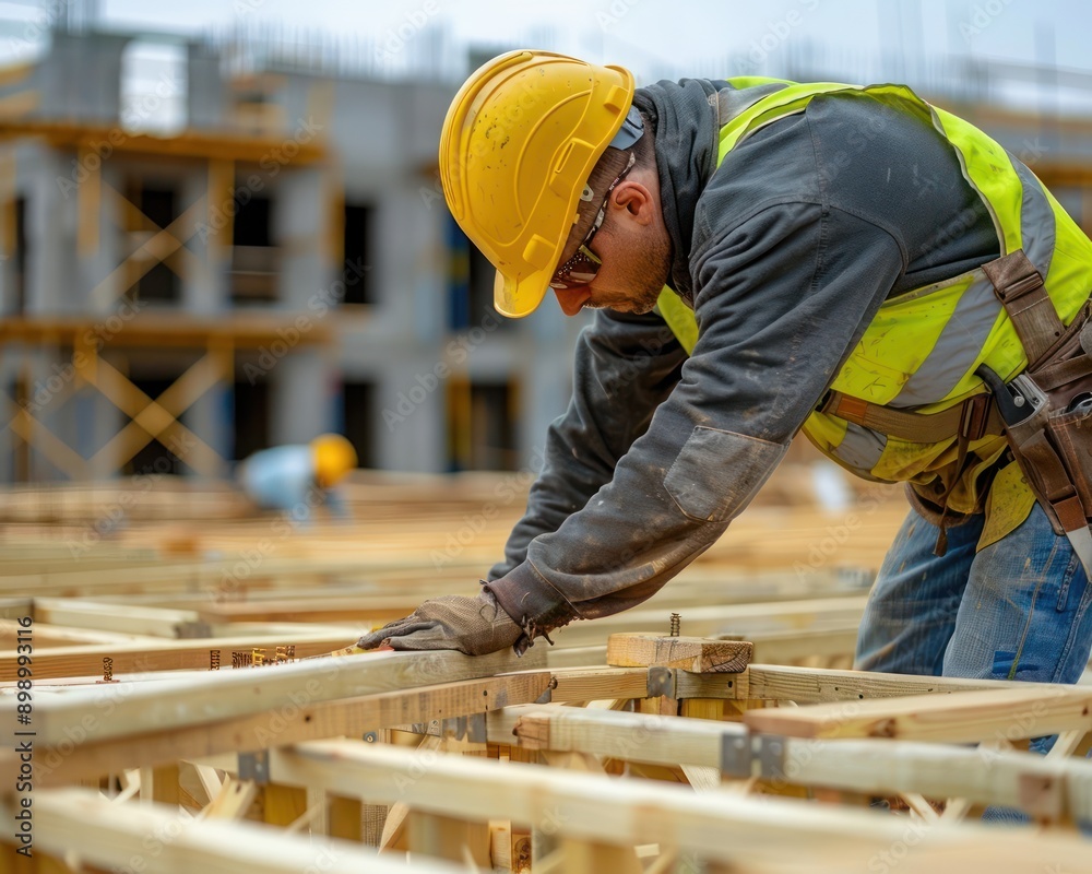 Construction Worker Adjusting Timber Beams in Framework, Skilled Labor ...