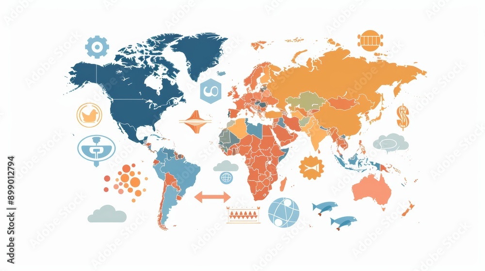 World map with directional arrows to continents, incorporating symbols ...