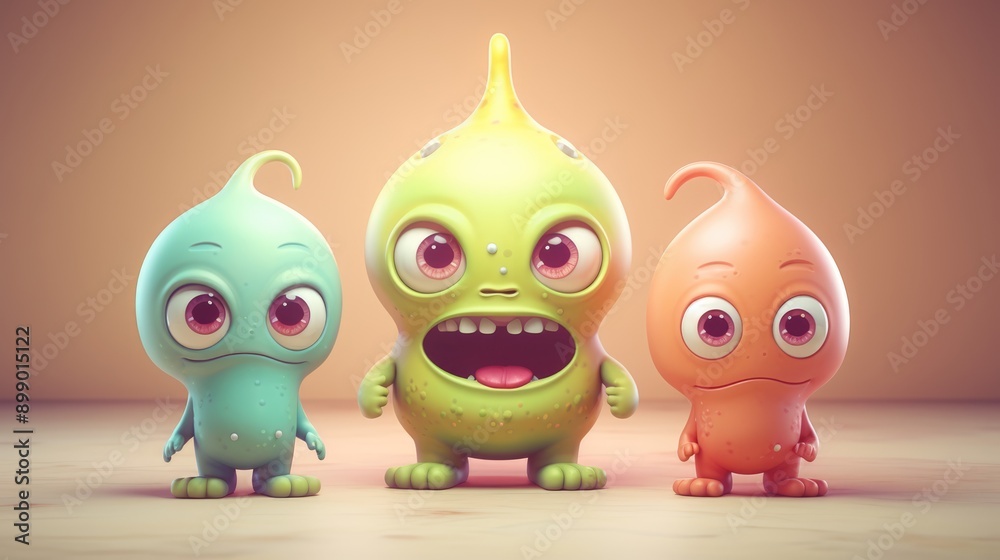 Three cute and funny alien characters with big heads and large eyes in ...
