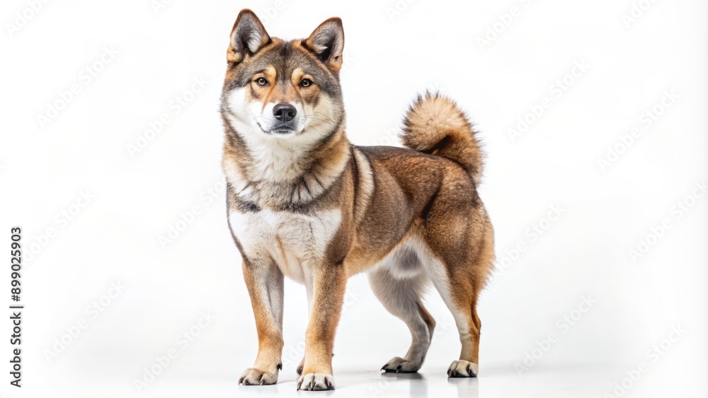 Majestic Shikoku dog with piercing brown eyes and erect ears stands ...