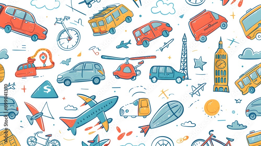 Cartoon Transport Illustration with Cars, Helicopters, Airplanes, and ...