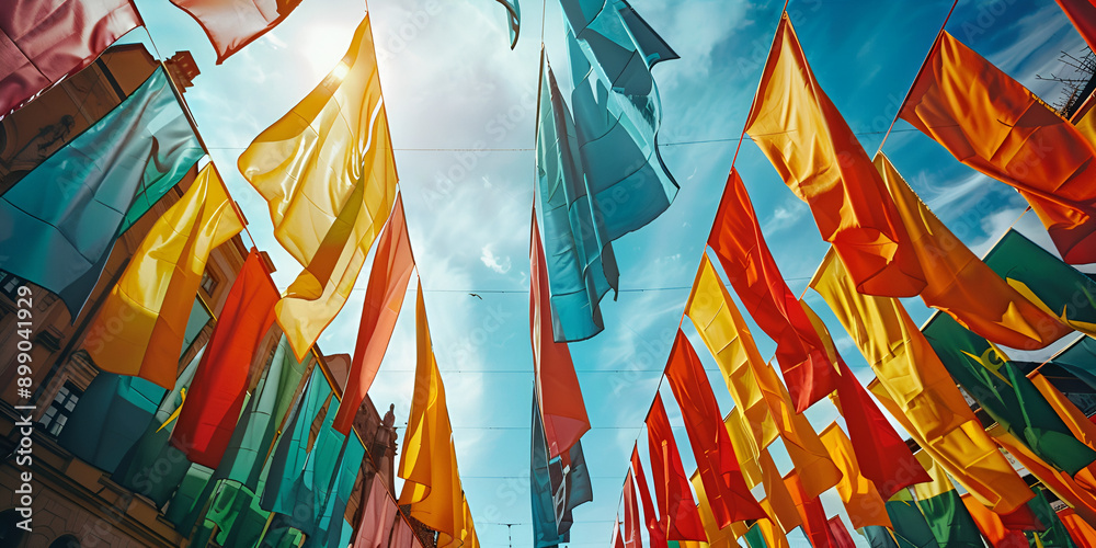 Festive flags of red and orange color on a flagstaff. Brightly colored ...