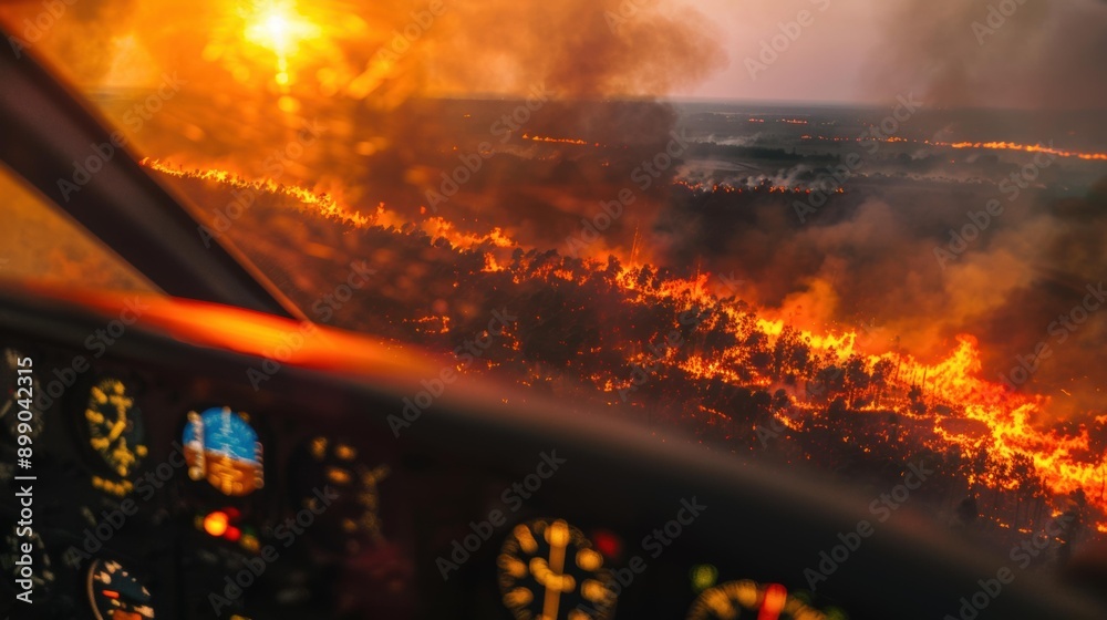 View from a plane cockpit of a wildfire burning across the landscape ...
