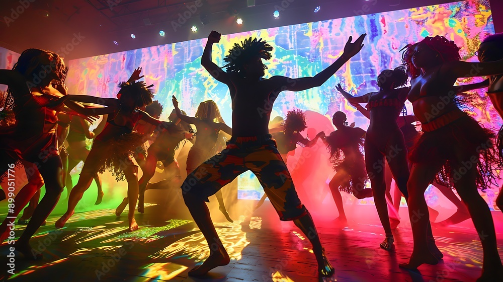 Colorful scene with a central performer and lively dancers, adding a ...