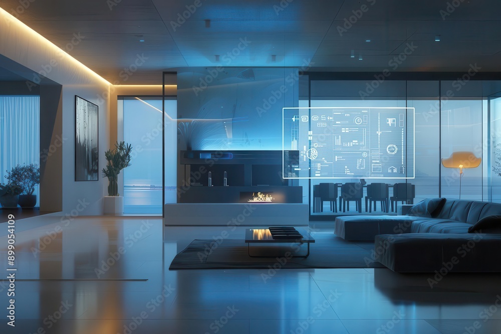 futuristic smart home interface as a holographic control panel floating ...