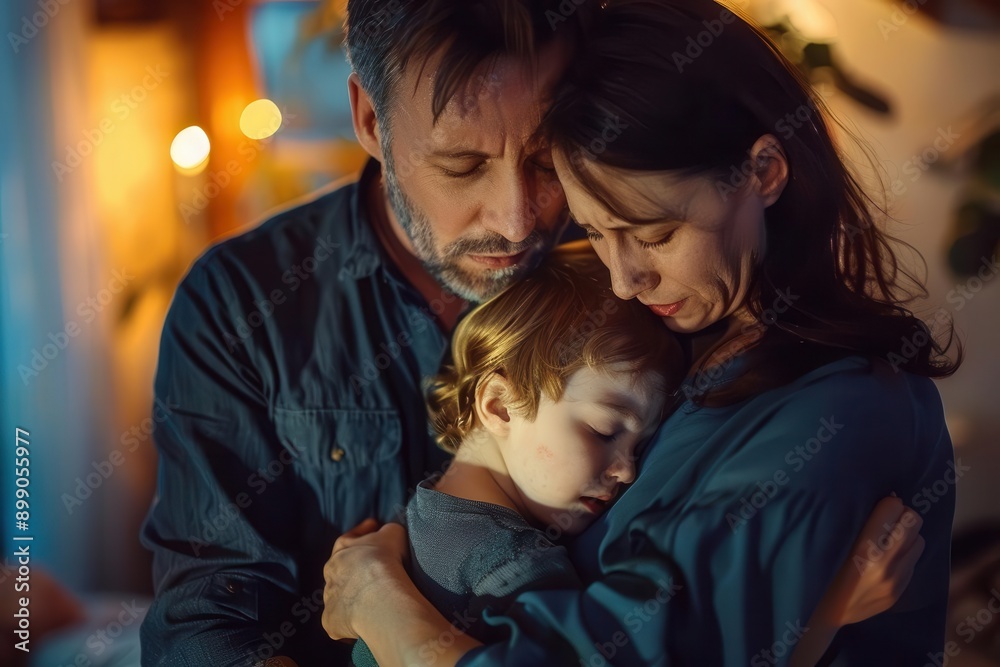 emotional family scene frustrated parents comforting crying child ...