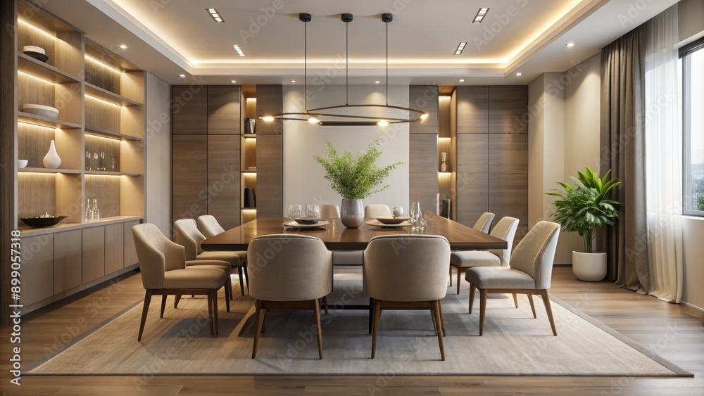 Elegant, modern dining room boasts sleek, low-profile furniture, subtle ...