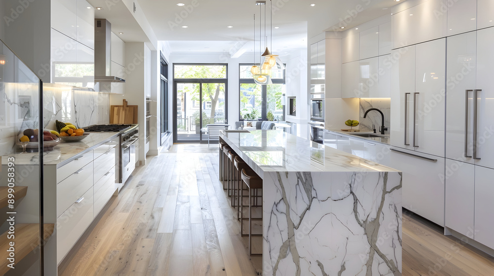 Contemporary minimalist kitchen: Sleek white cabinets, a marble ...