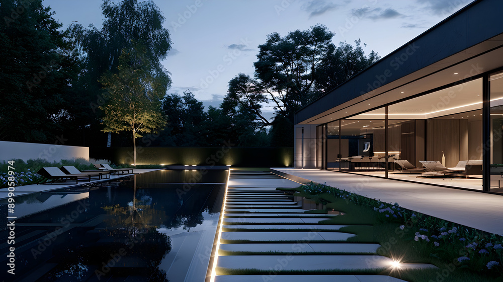 Contemporary urban mansion exterior at twilight with LED strip lighting ...