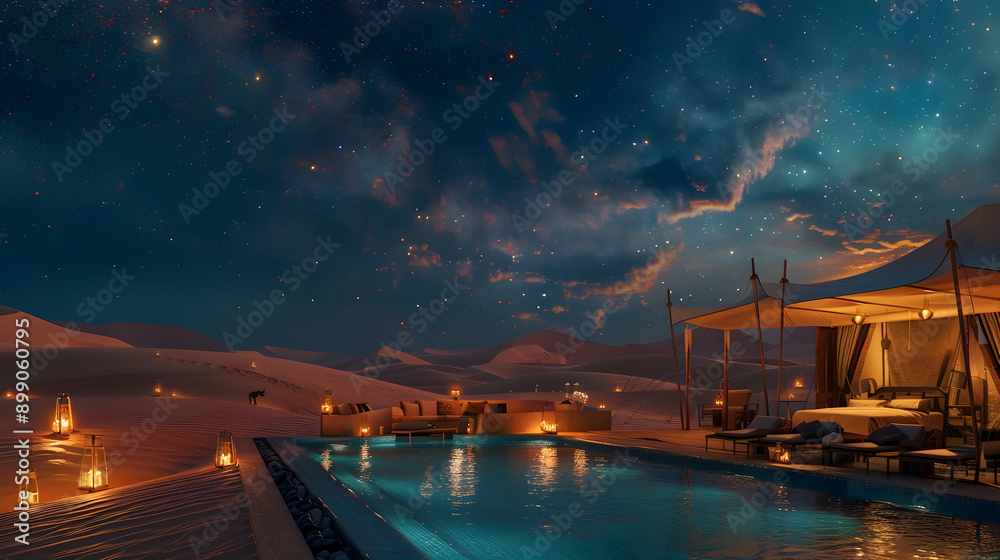 Desert oasis with a luxurious tented camp, oasis pool, and golden sand ...