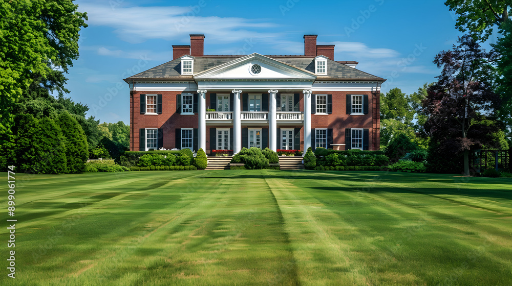 Elegant colonial-style mansion exterior with red brick walls, grand ...