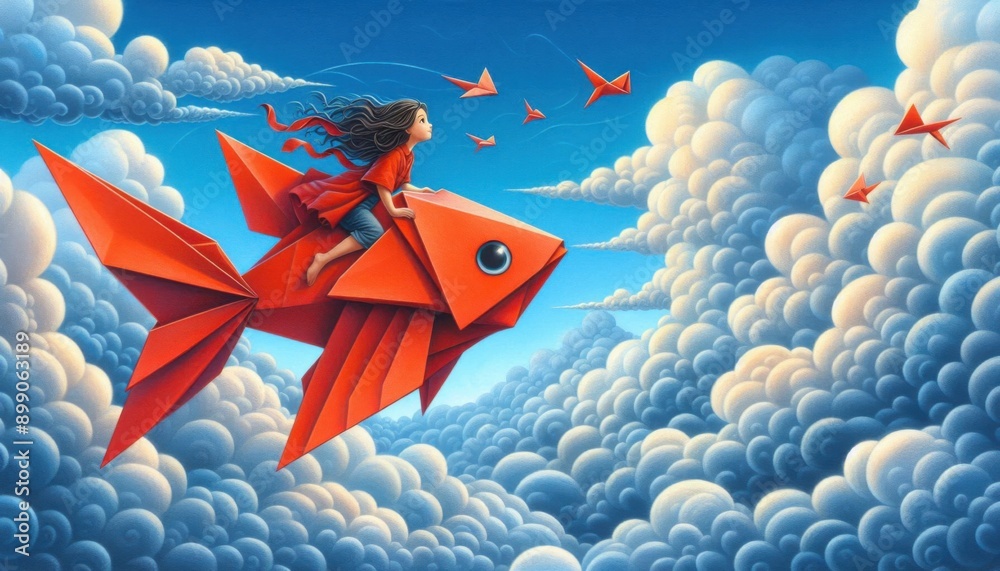 illustrator of Little girl sitting on origami red fish floating in the ...