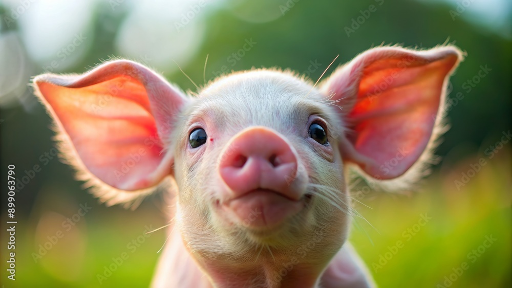 Adorable little piglet face with soft pink skin and tiny ears, gazing ...