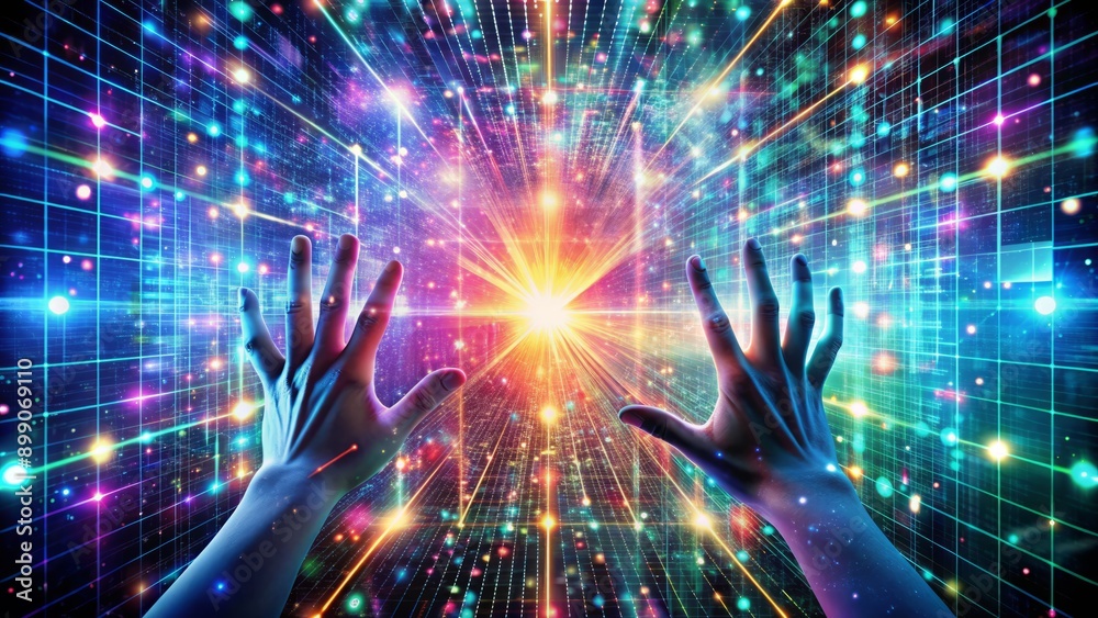 Vibrant luminescent grid filled with distorted, flickering, and pulsing ...