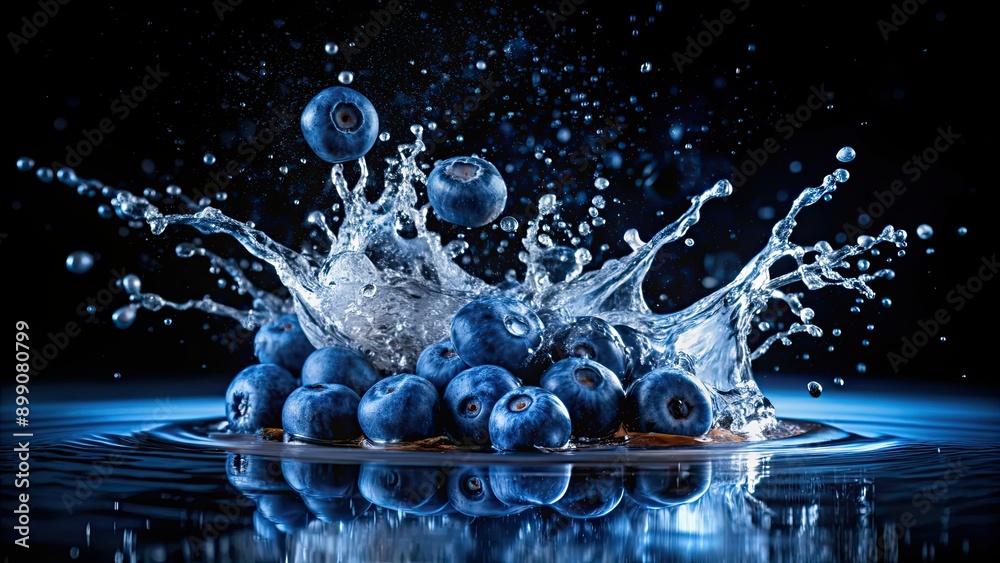 Dark blue water splash with blueberries, creating a sense of depth and ...