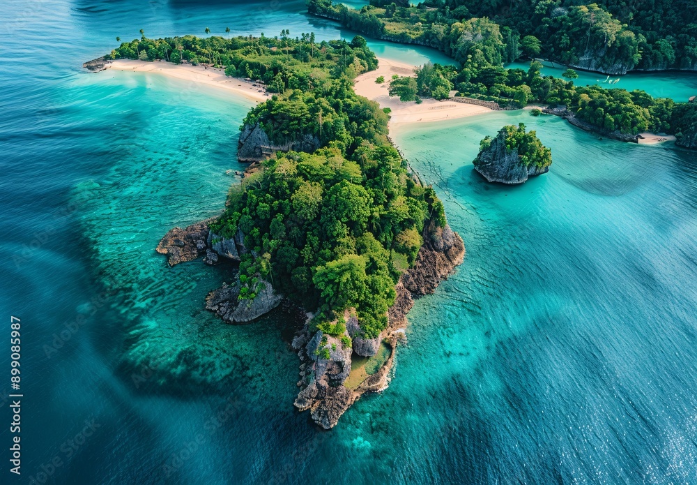 Tropical Archipelago Paradise: An aerial vista of lush islands nestled ...