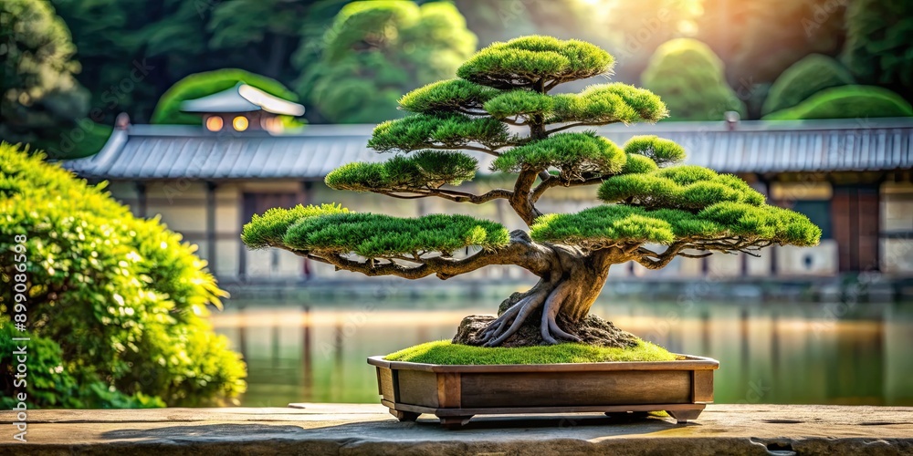 Bonsai tree in a Japanese landscape with natural elements and artistic ...