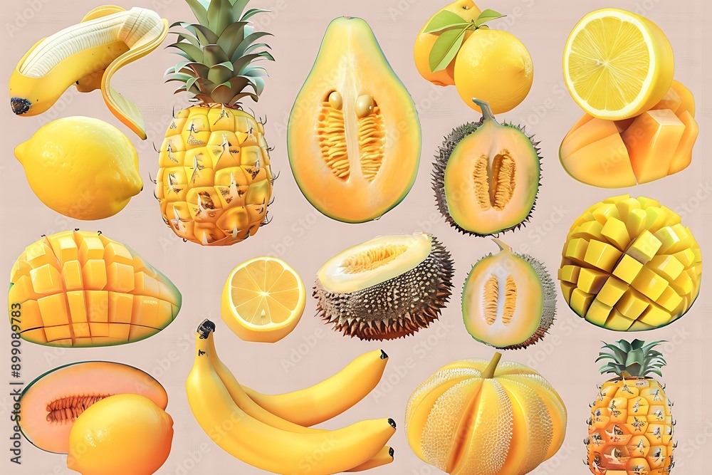 imagine A vibrant collection of sliced and whole orange-yellow fruits ...