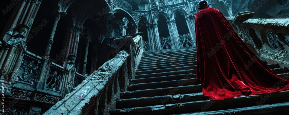 Vampire lord standing at the top of gothic castle stairs, red velvet ...