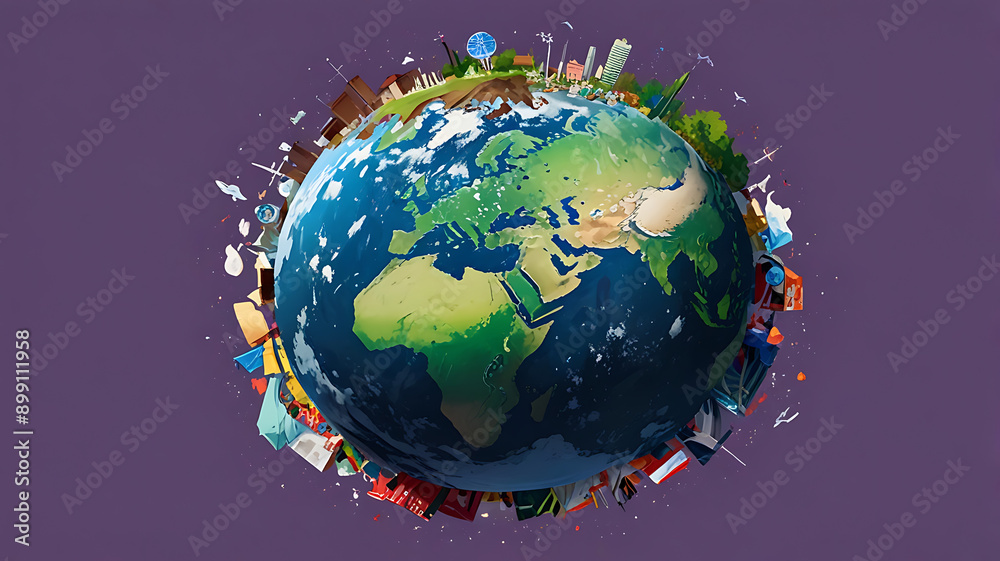 Earth from space with half side made of various plastic waste, Earth ...