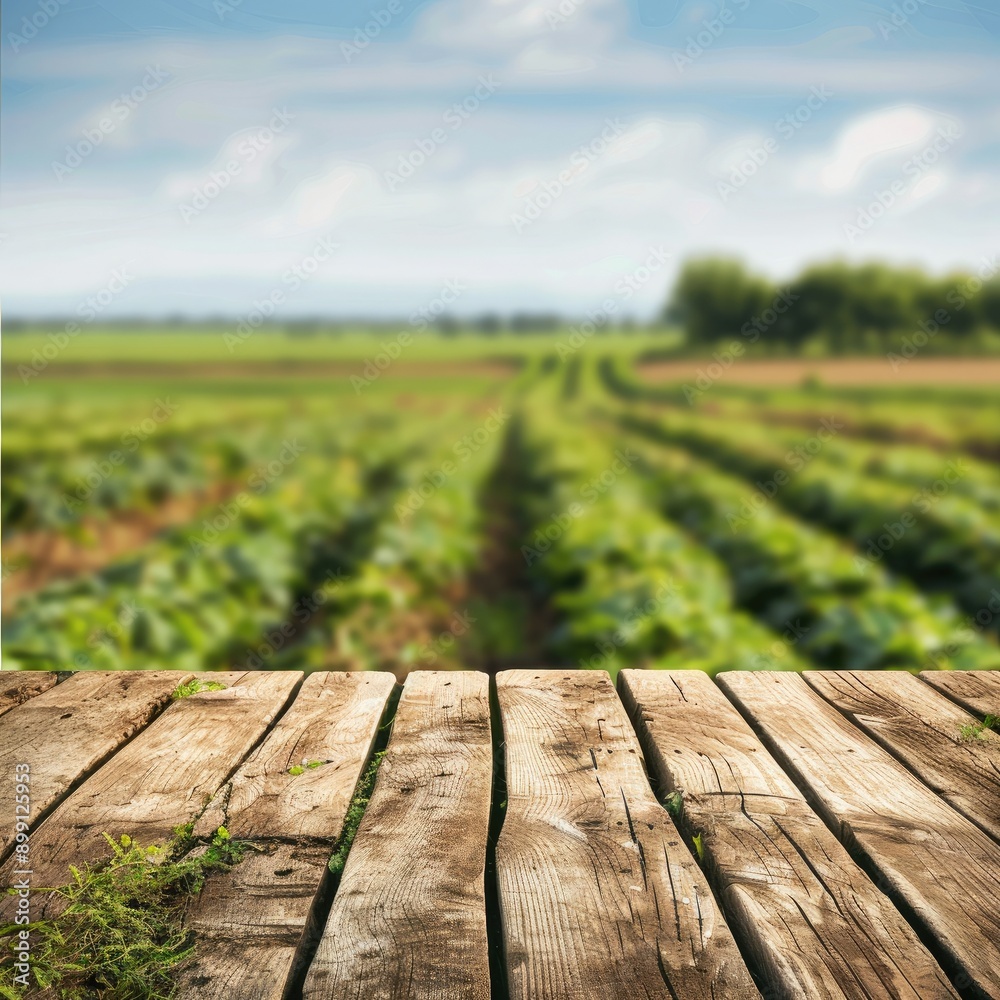 Rustic wooden table with a blurred farm field background, rows of crops ...