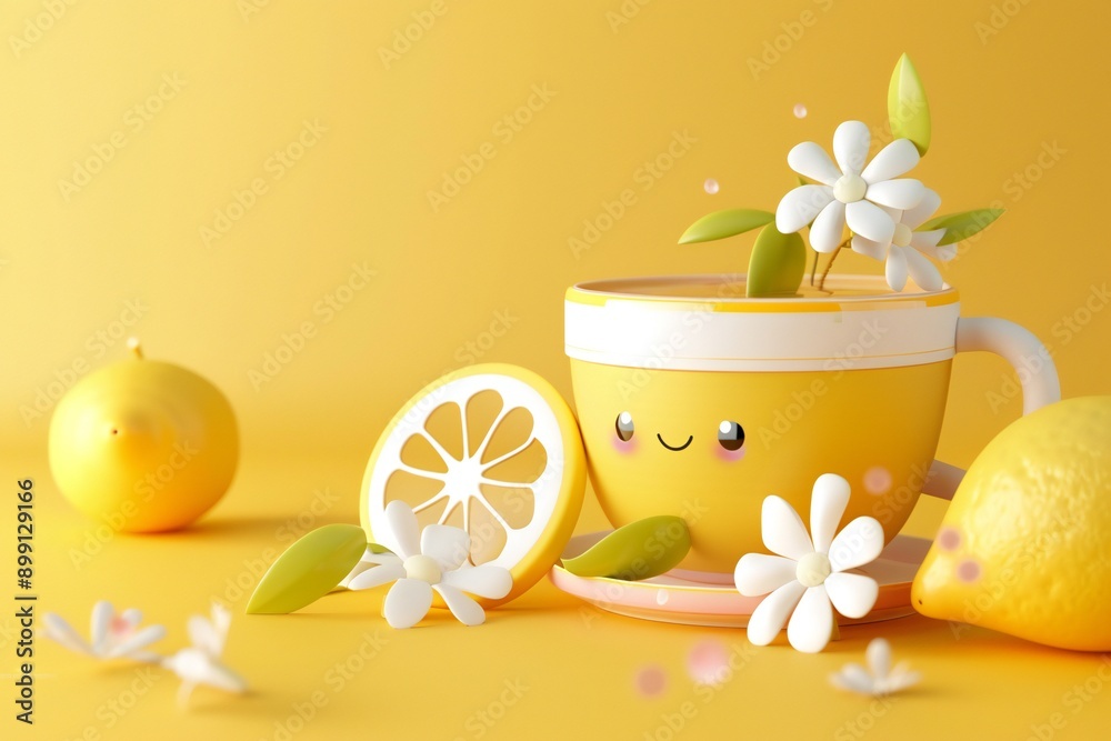 Cute lemon tea set in cartoon style, different designs, 3D render ...