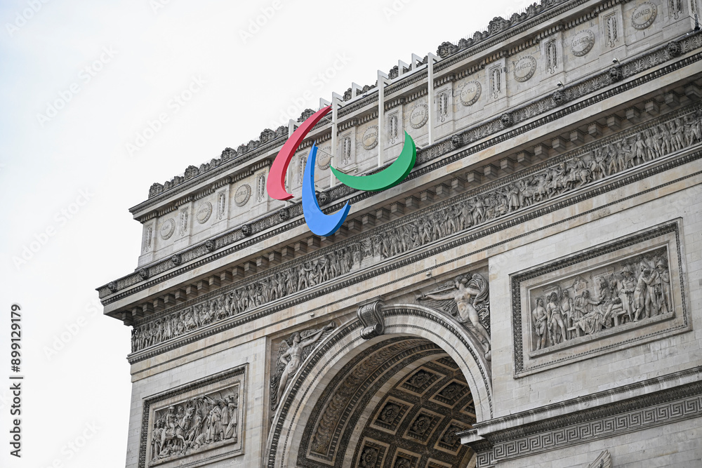 Paralympic Games symbol affixed to the Arc de Triomphe before the ...