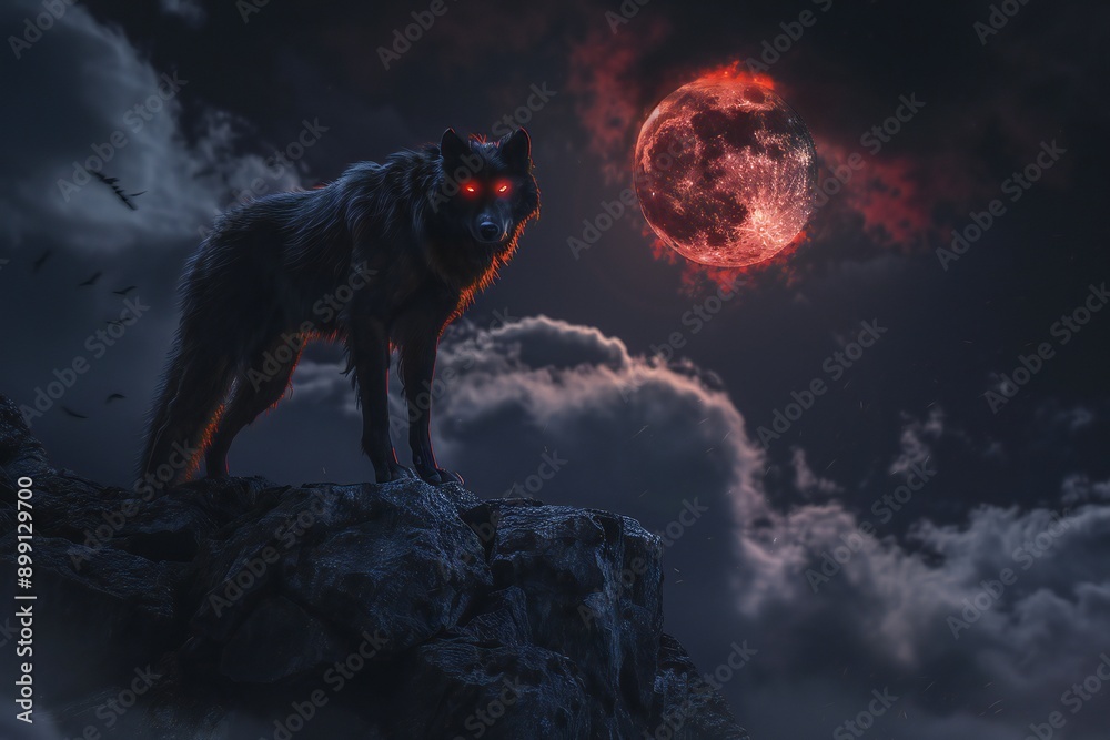 Fenrir with glowing eyes and dark fur standing on a rocky cliff, with a ...