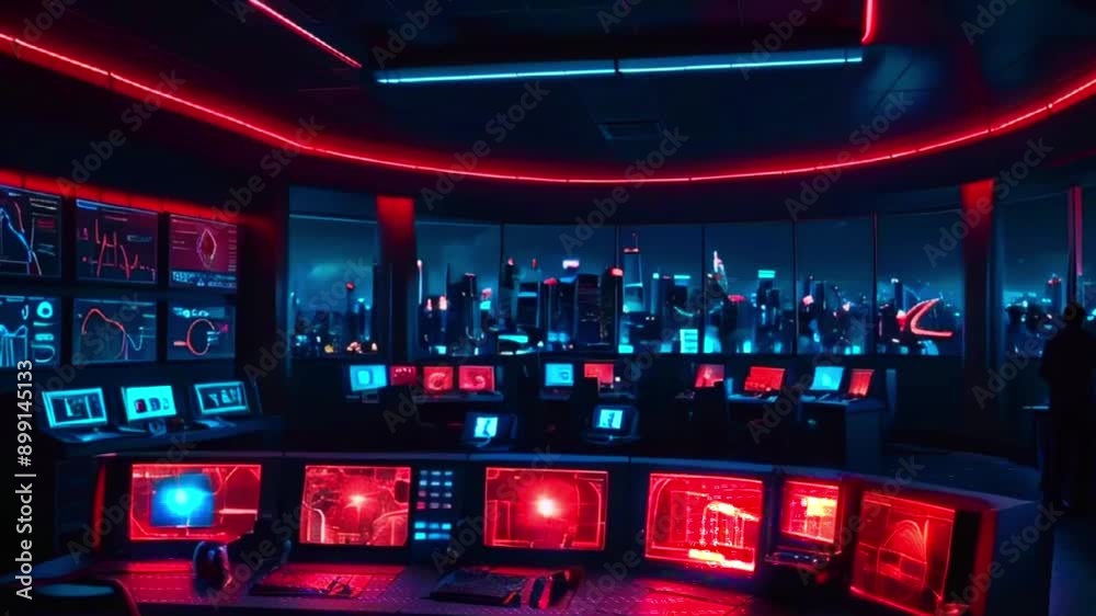 The video shows a control room with many computer screens displaying ...