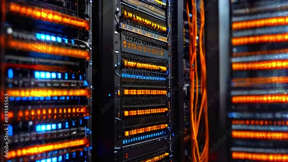 The video shows a server room with rows of black server racks, lit with ...