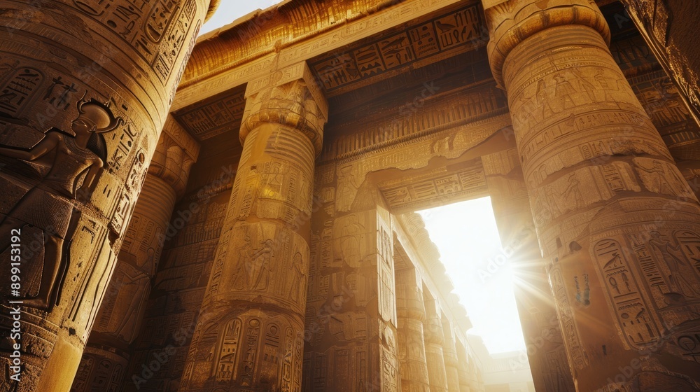 Ancient Egyptian stone gate, detailed carvings and symbols, light ...