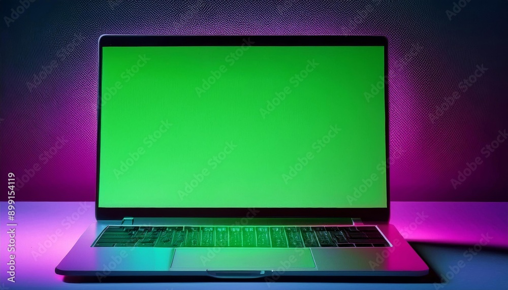 Laptop computer with chroma key green screen on colorful neon ...