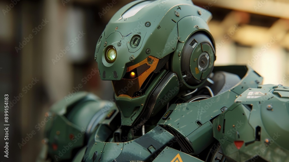 Anime-style robot, 3D rendered, single lens, military color scheme ...