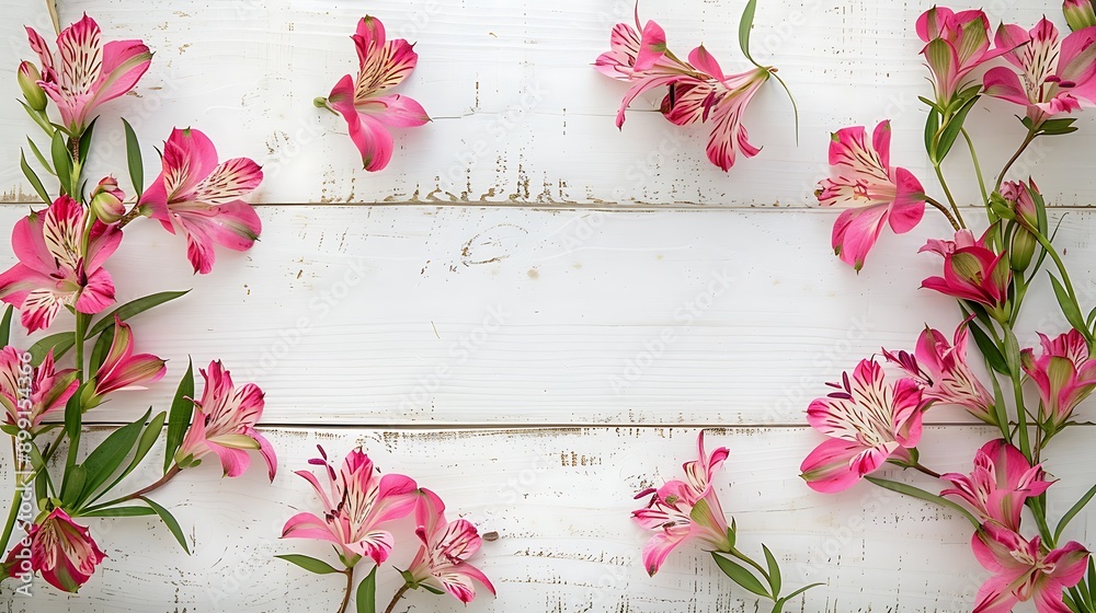 Dark pink alstroemeria flower stems as a border around a blank white ...