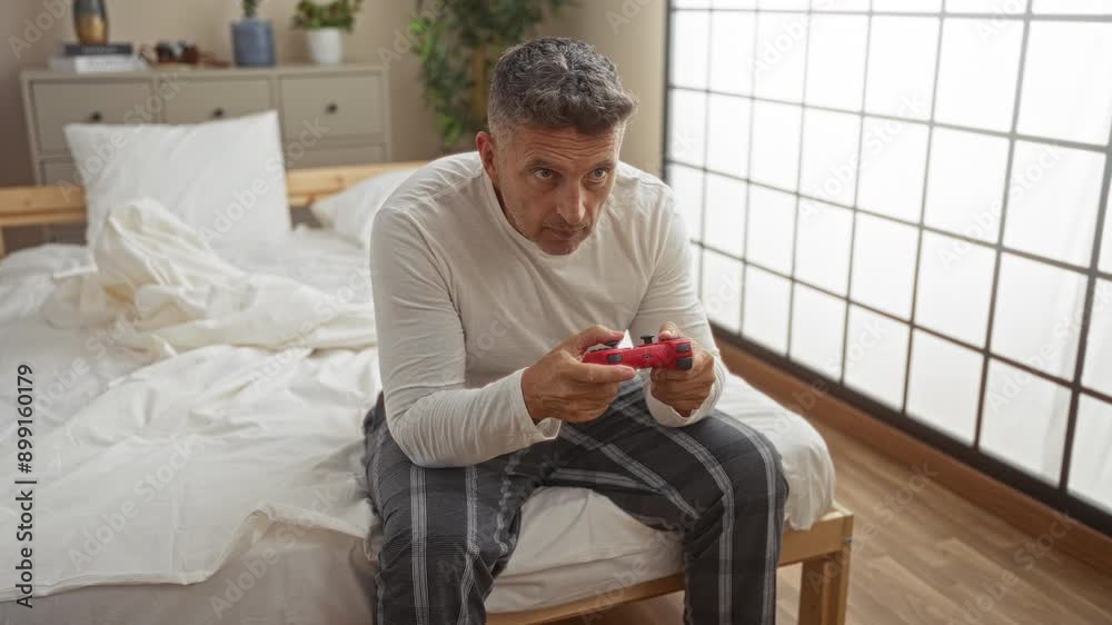 Middle-aged man intensely playing video games on a bed in a modern home ...