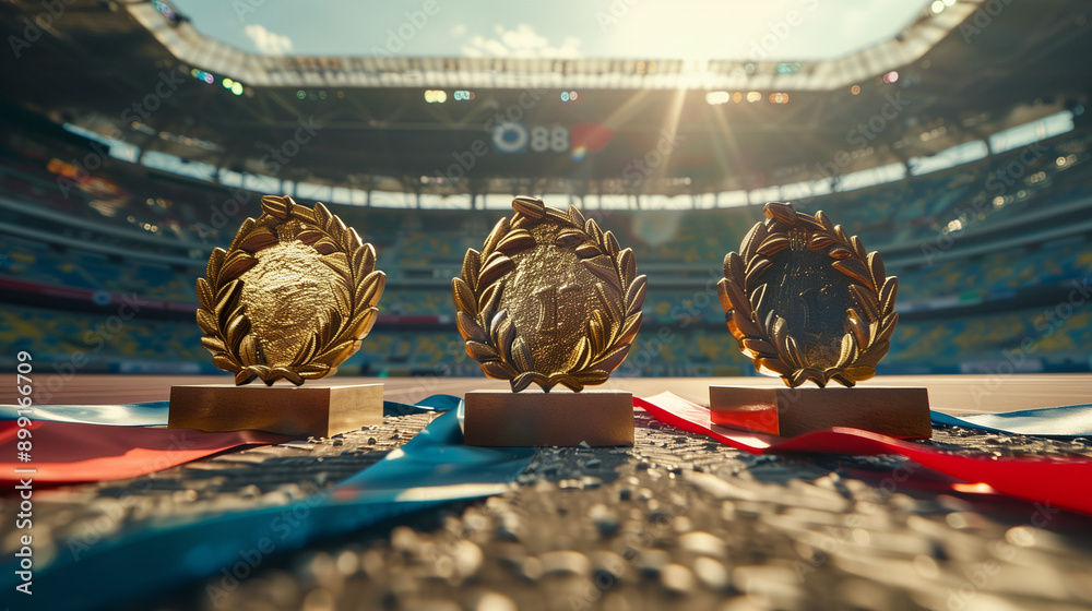 olympic podiums, medal of golden laurel leaves and wrath, stadium ...
