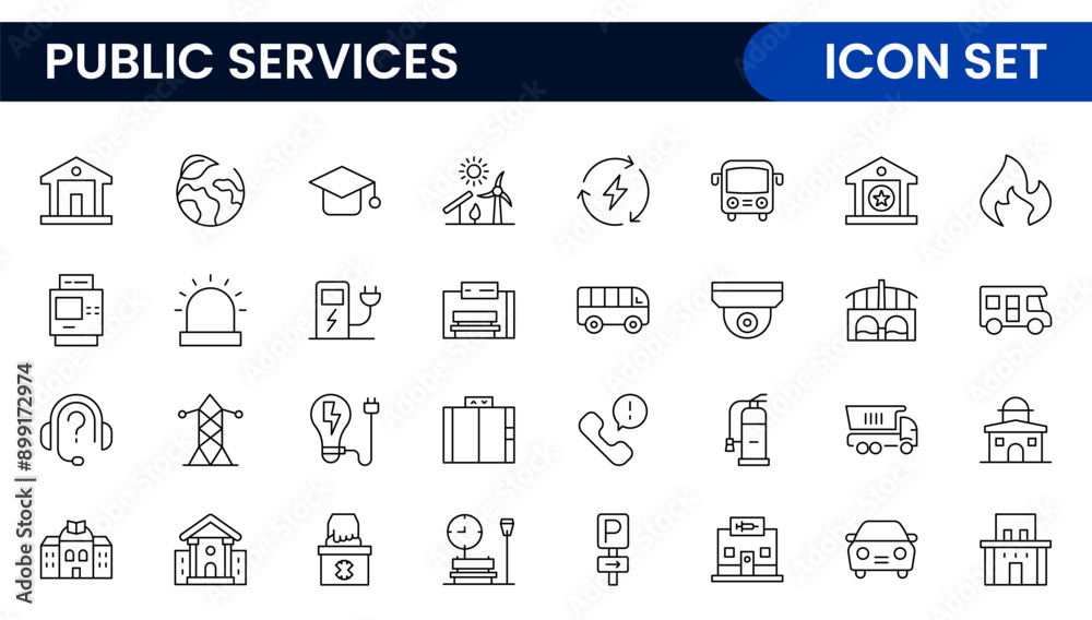 Set of outline Public Services icons. Minimalist thin linear web icon ...