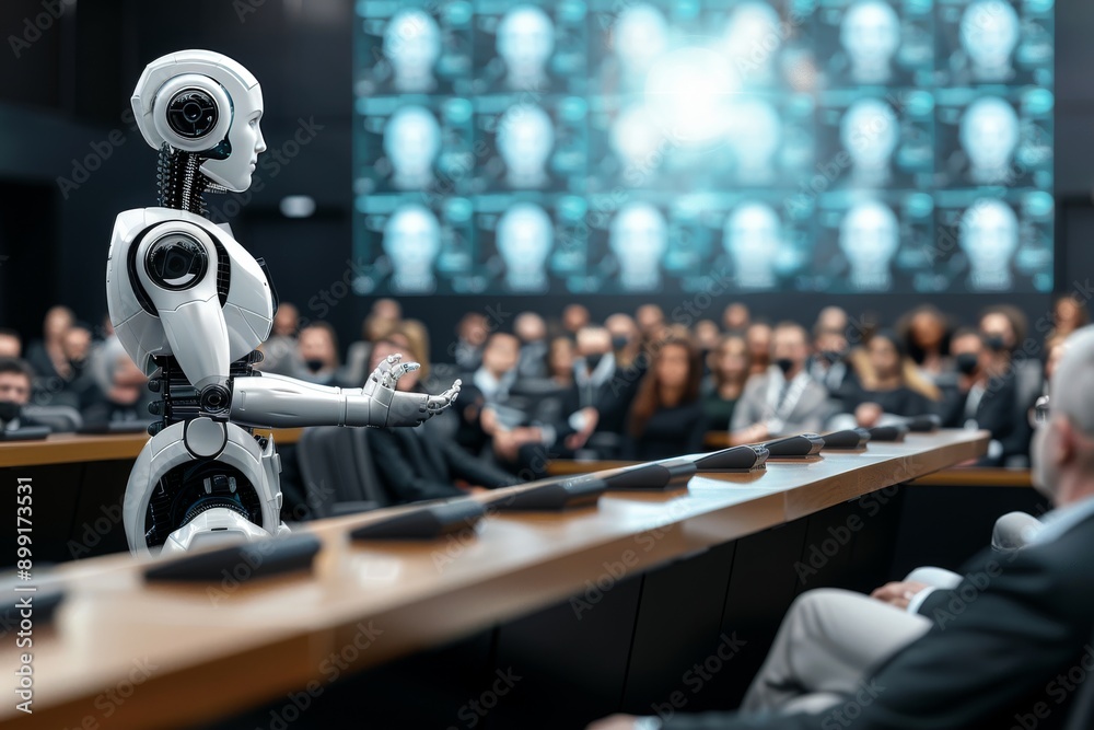 ภาพประกอบสต็อก Robot addressing an audience in a futuristic conference ...