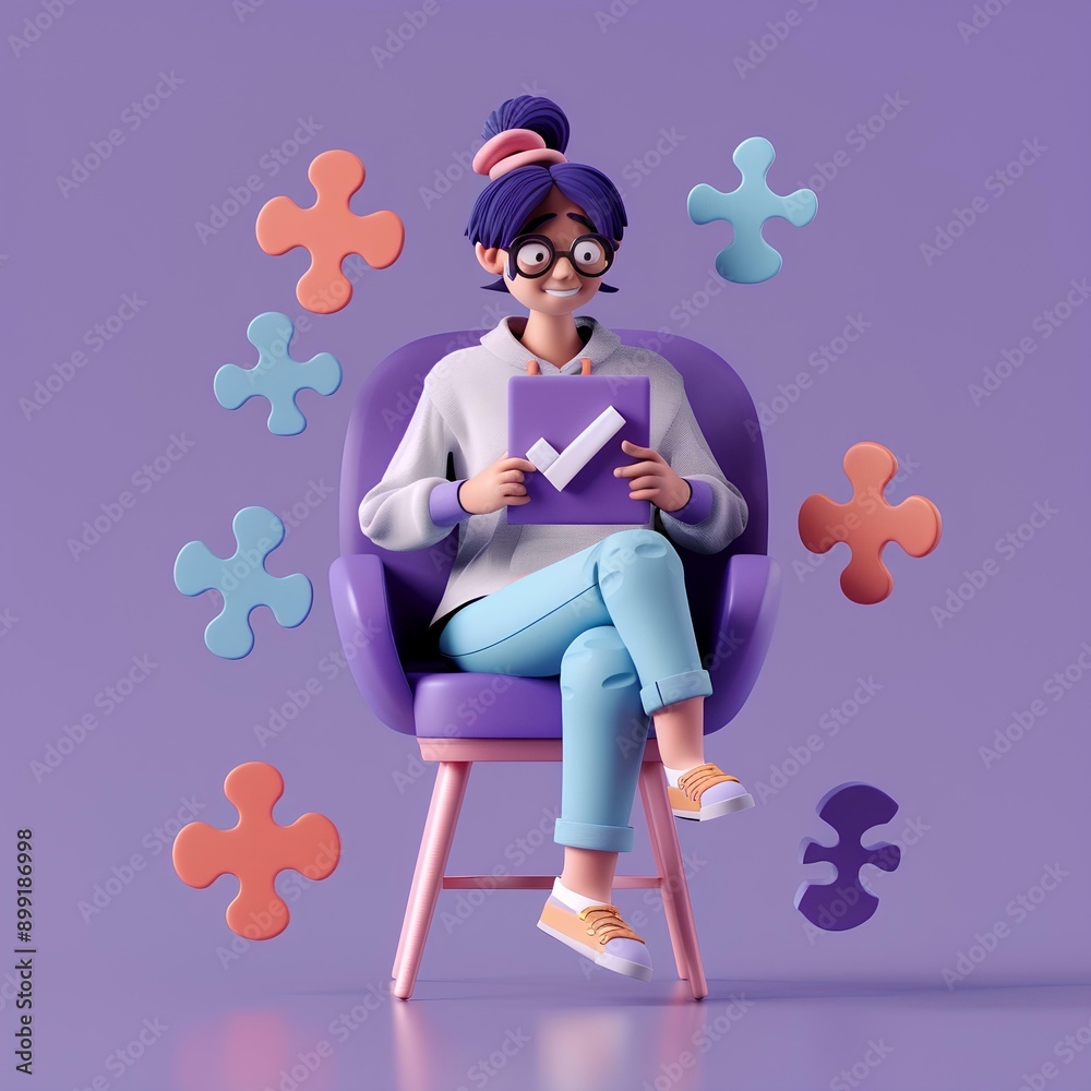 3d isometric woman sitting on chair holding tablet with check mark and ...