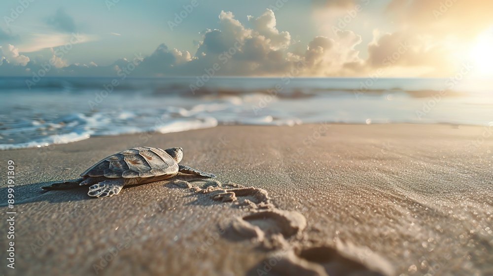 On the sandy beach, a loggerhead sea turtle is crawling towards the ...