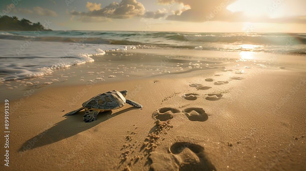 On the sandy beach, a loggerhead sea turtle is crawling towards the ...