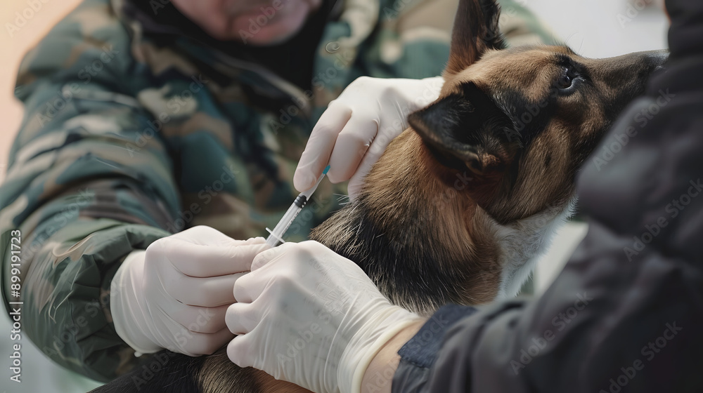 Vaccination of the dog against rabies, the vet doctor applying anti ...