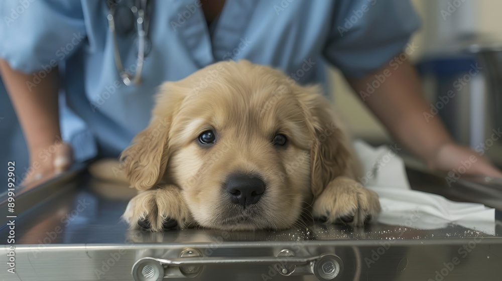 Sad Golden Retriever Puppy Lying in Stainless Steel Cart at Animal ...