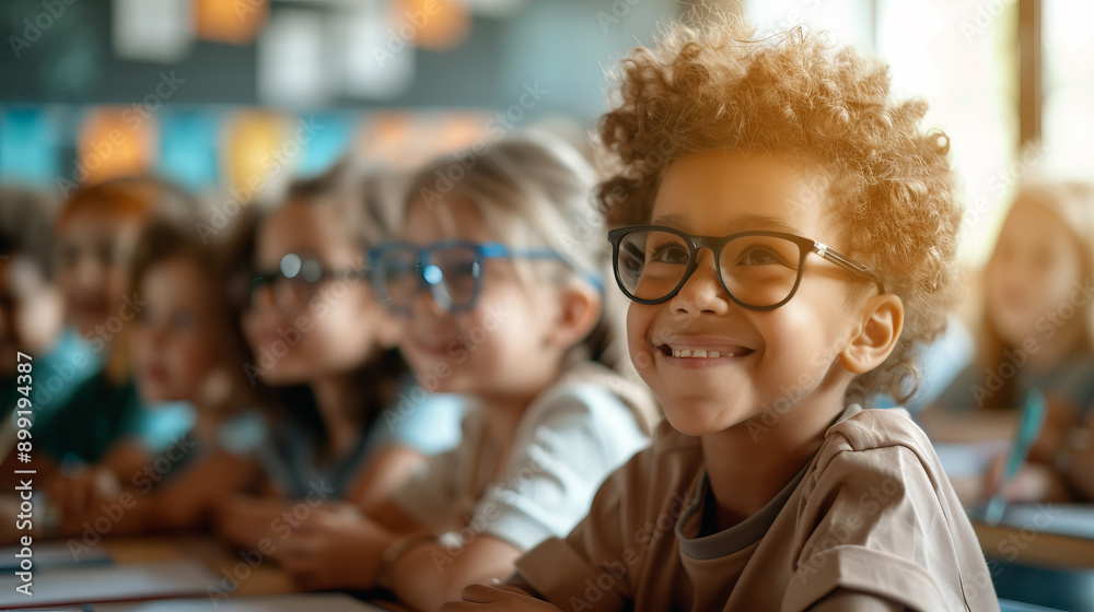 Happy schoolchildren sitting in a classroom, smiling and paying ...