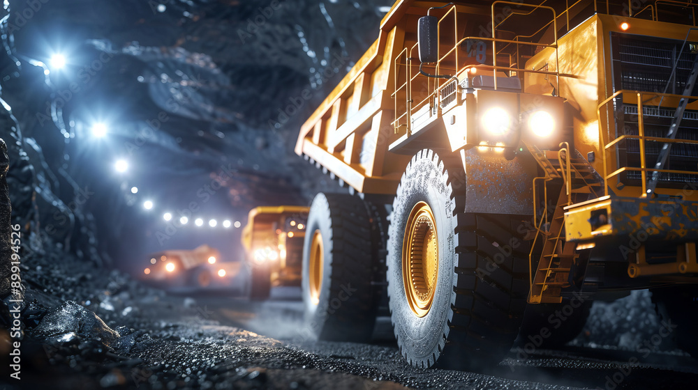 Industrial mining trucks navigate an underground tunnel, illuminated by ...