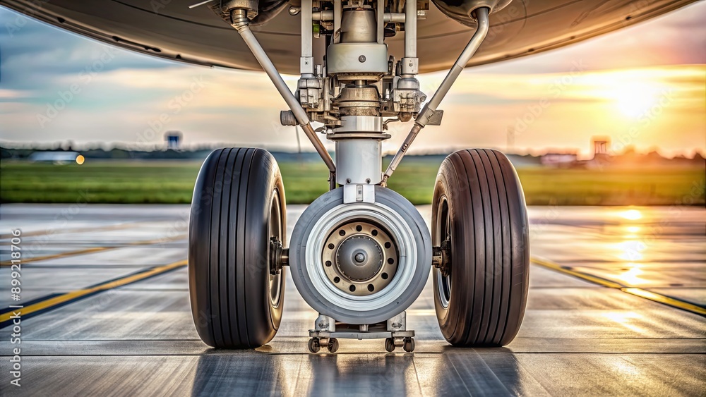 Main wheel of an aircraft's landing gear system on the tarmac ...